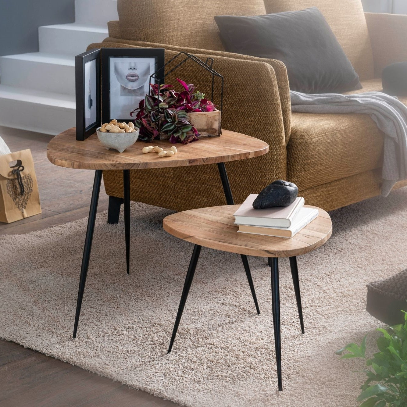 Solid Wood Set Of Two Side Table With Narrow Iron Stand