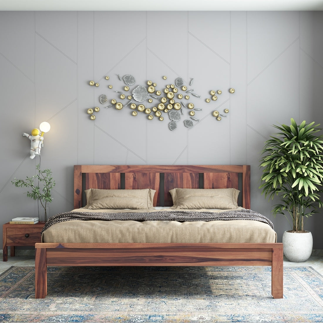 Plane Solid Wood King Size Bed In Teak Finish