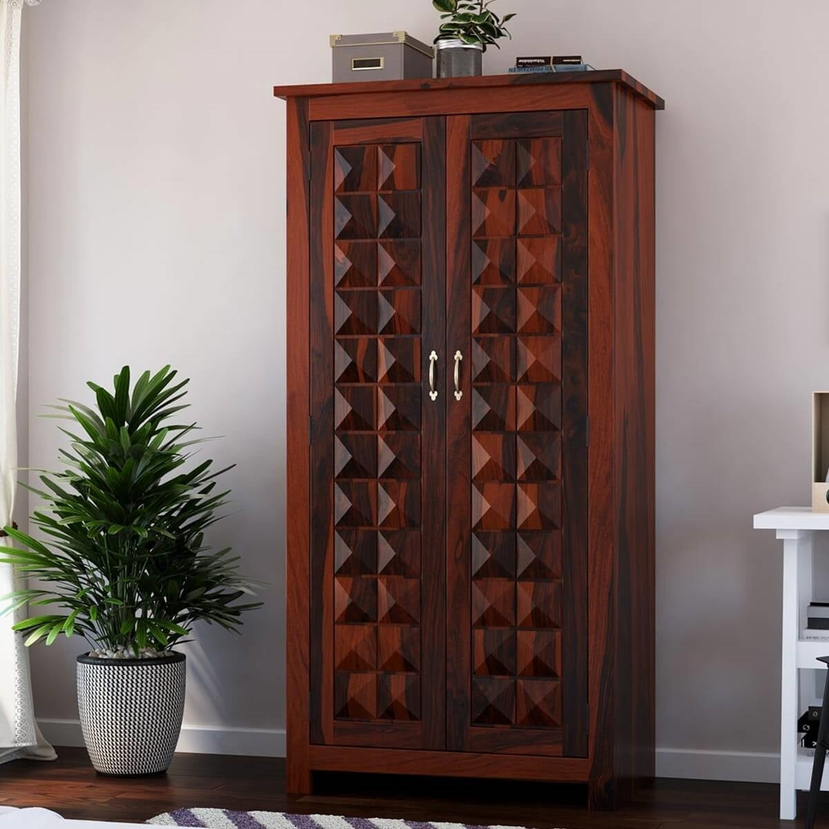 Asher Solid Sheesham Wood 2 Door Diamond Wardrobe In Provincial Teak F