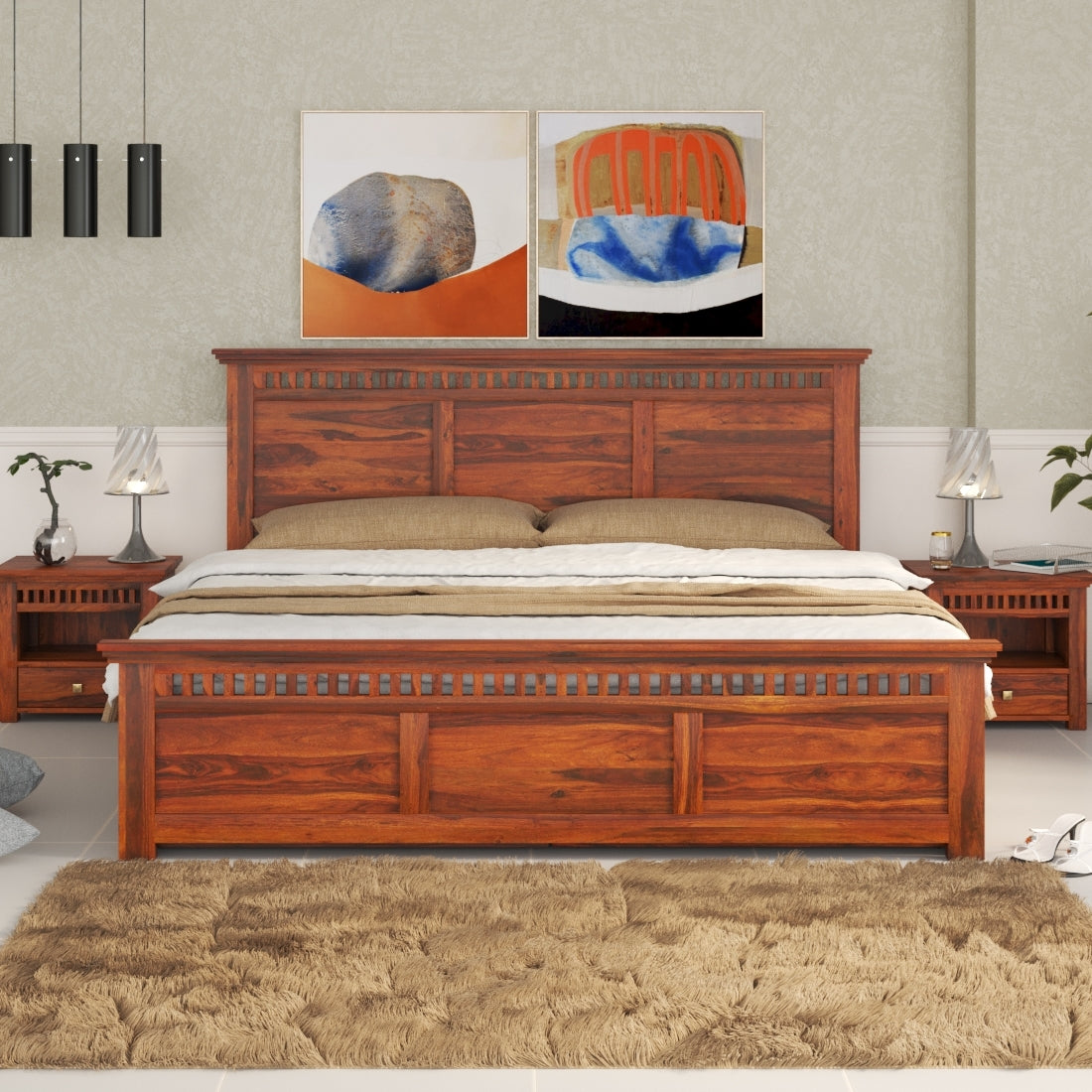 Madhvi Solid Wood Queen Size Drawer Storage Bed In Honey Oak Finish