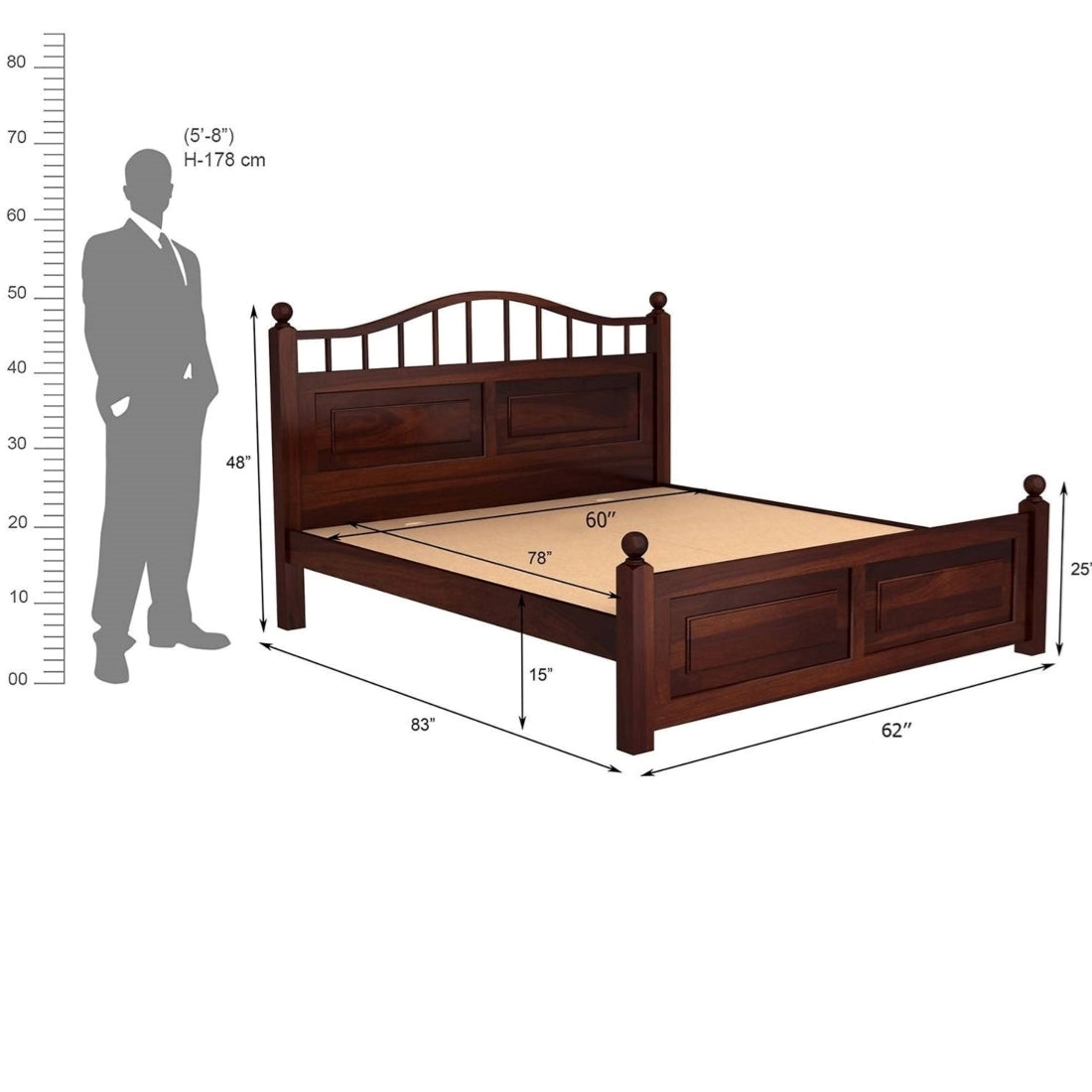 Sayan Solid Wood Queen Size Non Storage Bed In Walnut Finish